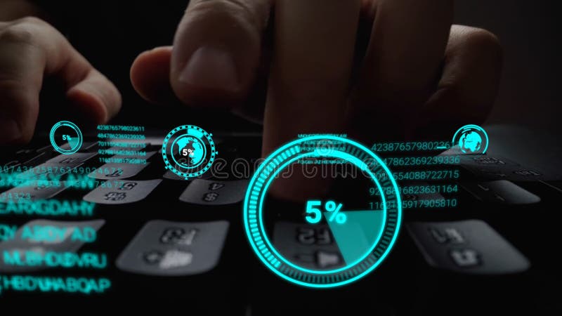 Man Working On Laptop Computer Keyboard With Graphic User Interface GUI ...