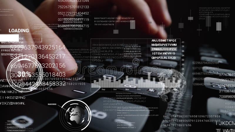 Man Working on Laptop Computer Keyboard with Graphic User Interface GUI ...