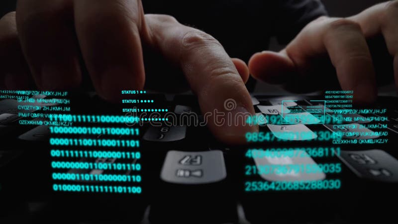 Man Working on Laptop Computer Keyboard with Graphic User Interface GUI ...