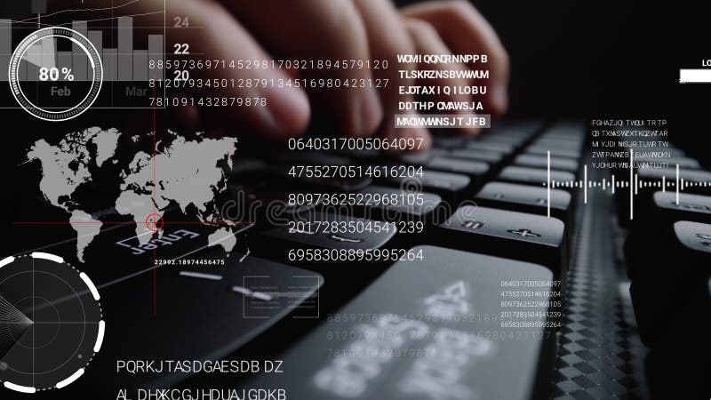 Man Working on Laptop Computer Keyboard with Graphic User Interface GUI ...