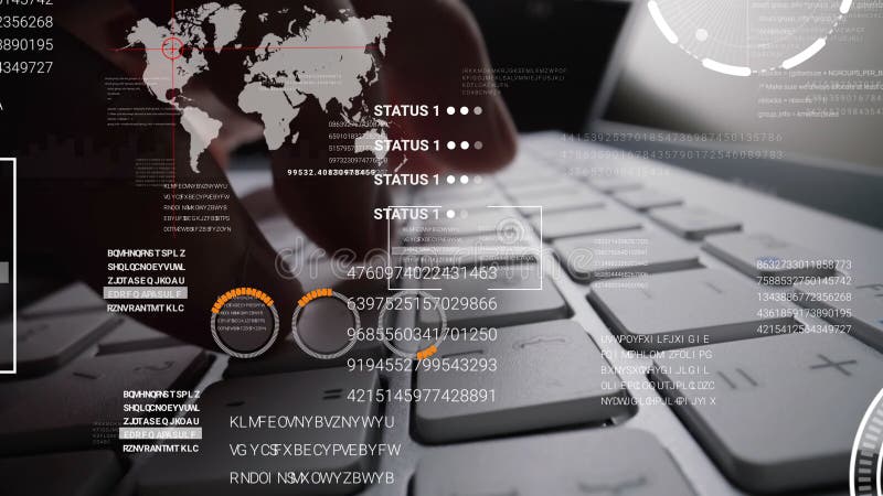 Man Working on Laptop Computer Keyboard with Graphic User Interface GUI ...