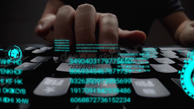 Man Working on Laptop Computer Keyboard with Graphic User Interface GUI ...