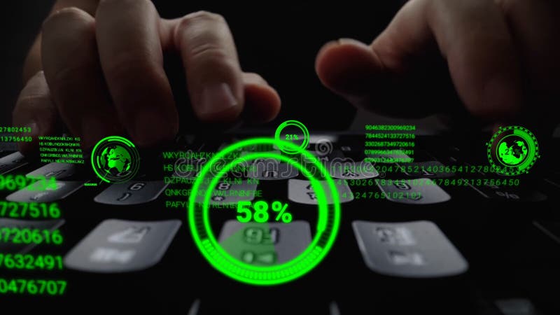 Man Working on Laptop Computer Keyboard with Graphic User Interface GUI ...