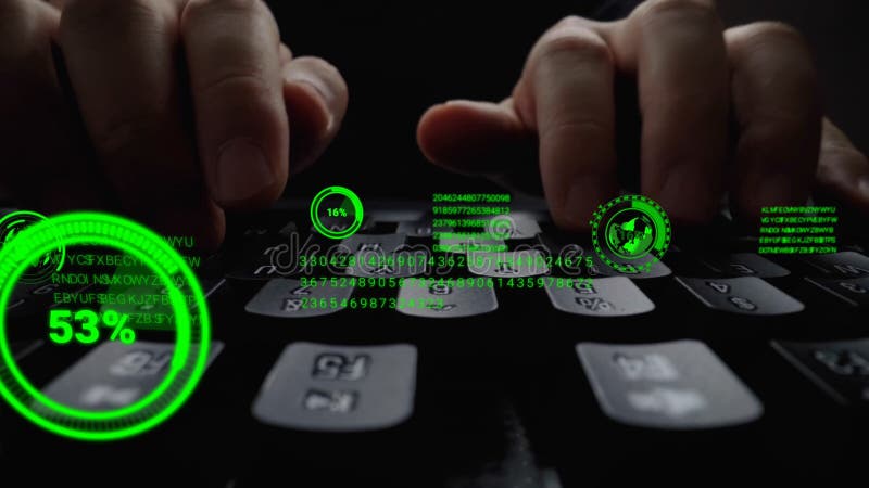 Man Working on Laptop Computer Keyboard with Graphic User Interface GUI ...