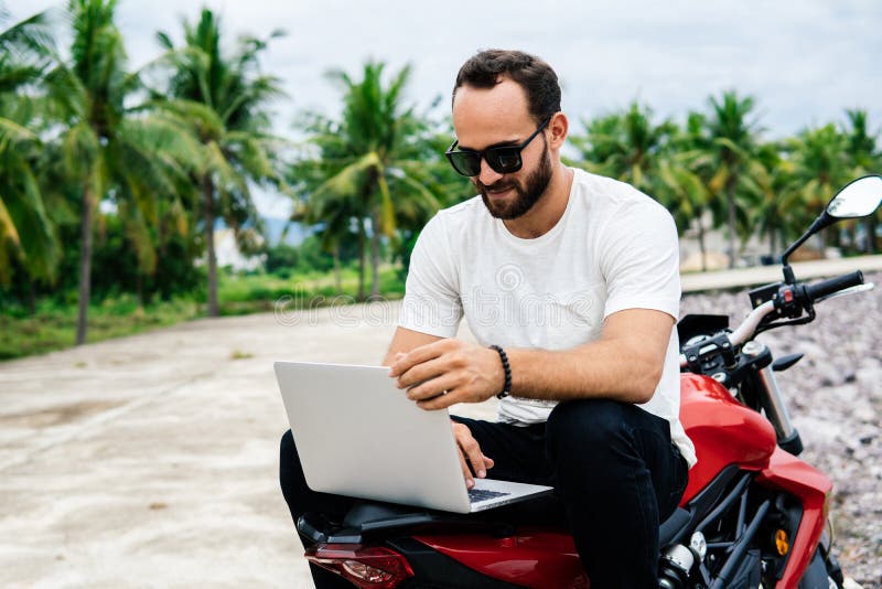 Man Working Laptop Computer Sitting His Motorcycle Stock Photos - Free ...
