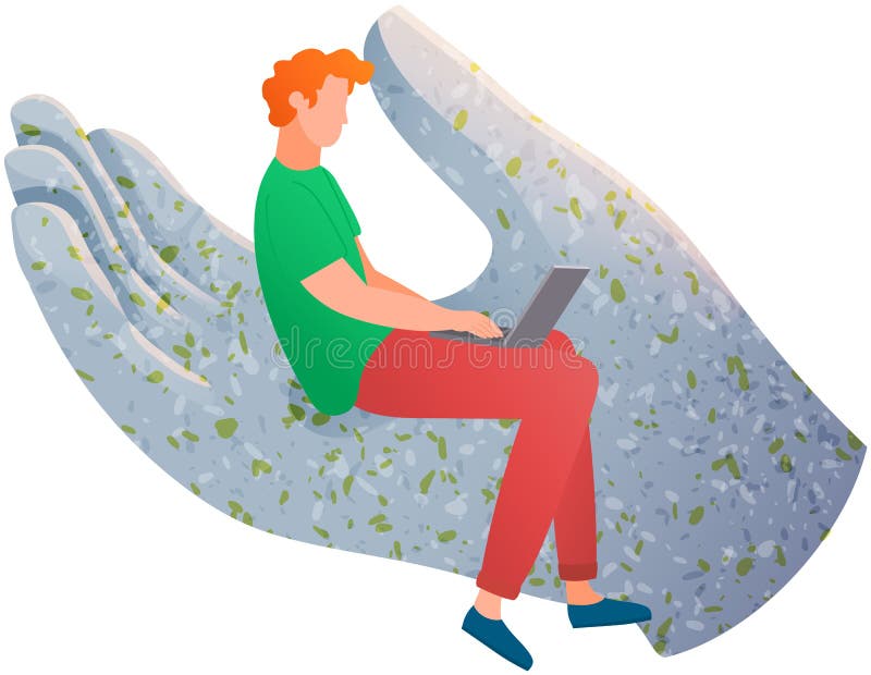 Man Working with Laptop Computer Sitting on Human Hand. Software ...