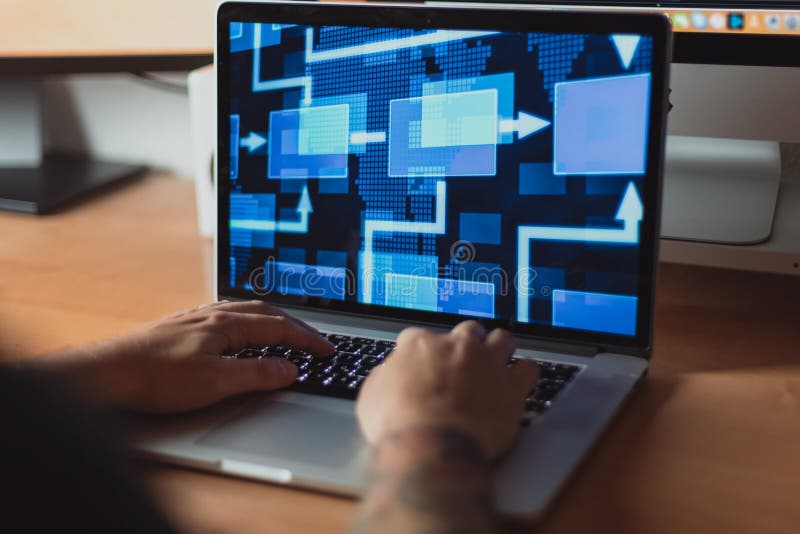 Man Working on Laptop for Database Process Security Concept Stock Photo ...