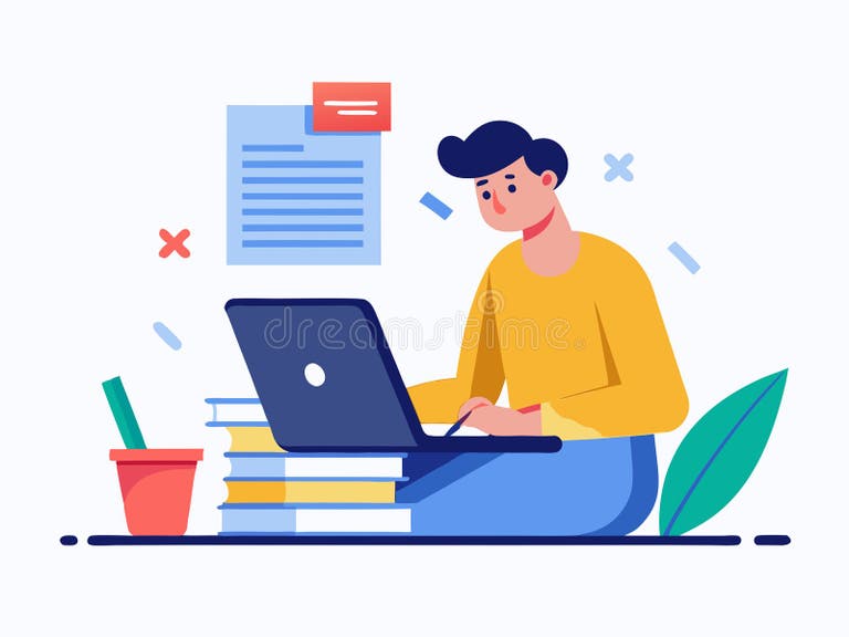 Man Working on Laptop with Documents Illustration Stock Vector ...