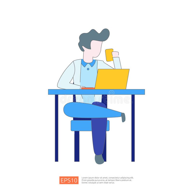 Man Working on Laptop while Drinking Coffee at a Desk, Illustration ...