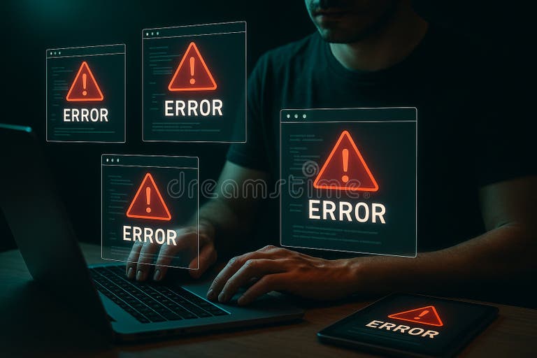 Man Working on Laptop with Error Messages on Screen Indicating System ...