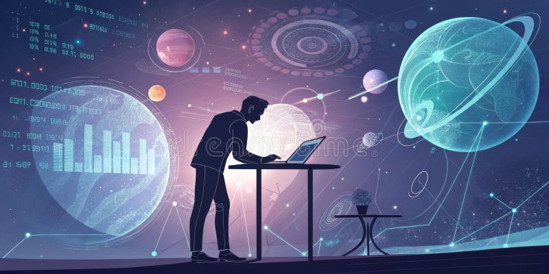 Man Working on Laptop in Futuristic Space Data Environment with Planets ...