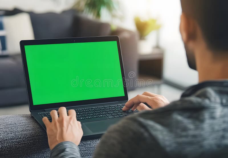 Man Working on Laptop with Green Screen in Modern Home Setting Stock ...