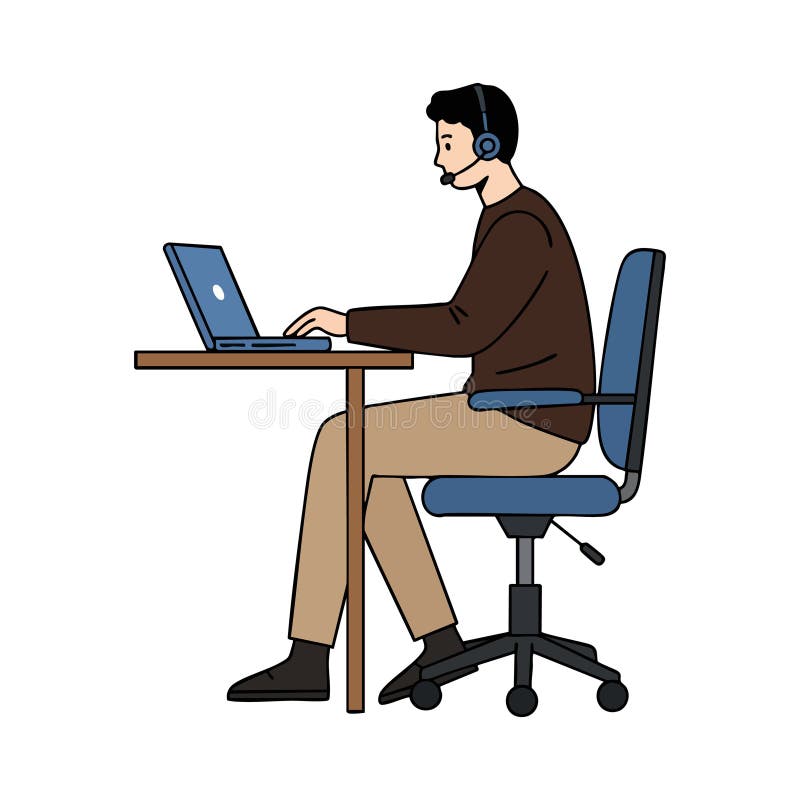 Man Working on Laptop with Headset Sitting on Office Chair Vector ...