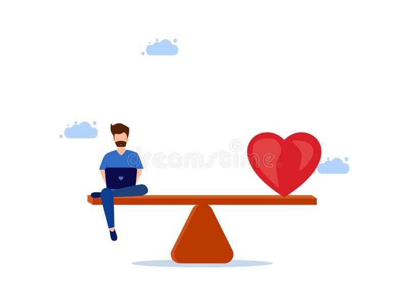 Man Working with Laptop and Heart on Level. Balance between Work and ...