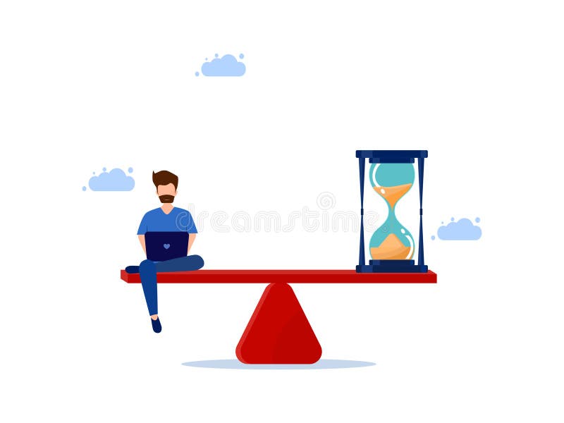 Man Working with Laptop and Hourglass on Scales. Balance between Work ...