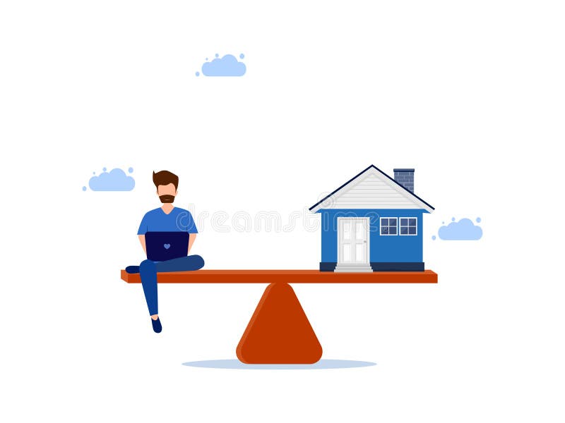 Man Working on Laptop with House on Scales. Balance Work with Home ...