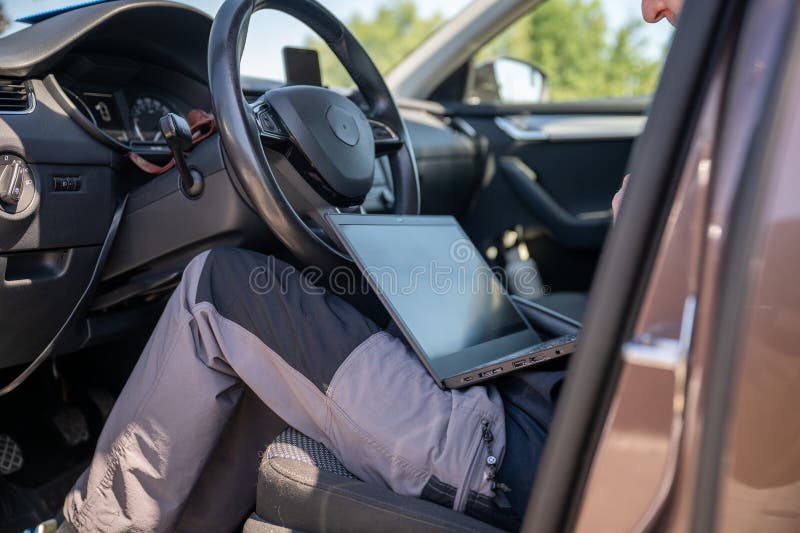 Man Working on Laptop Inside Car with a Black Cat Relaxes on Passenger ...