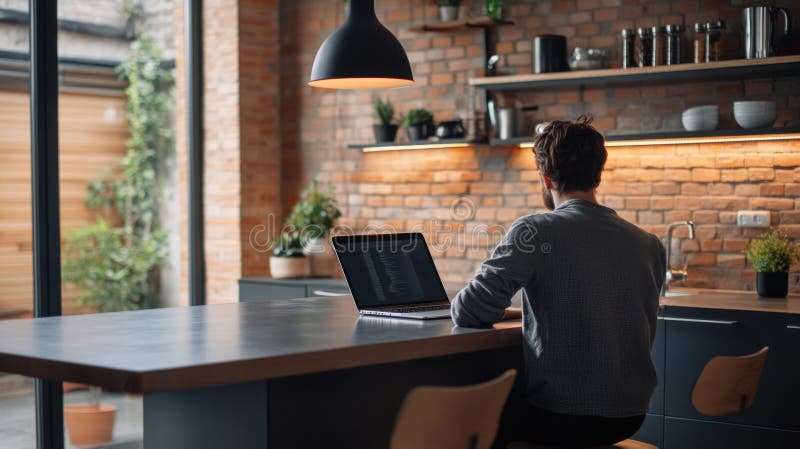 Man Working on Laptop at Kitchen Counter Stock Illustration ...