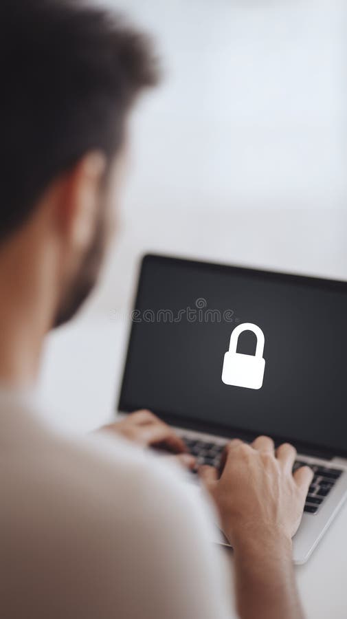 Man Working on Laptop with a Lock Icon Displayed on the Screen ...