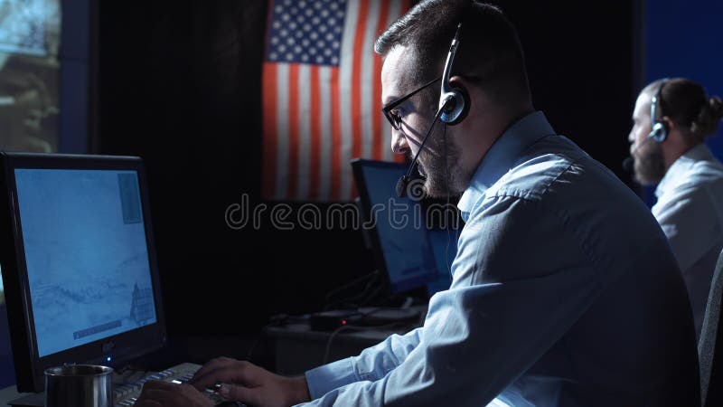 Man Working at Laptop in Space Center Stock Image - Image of ...