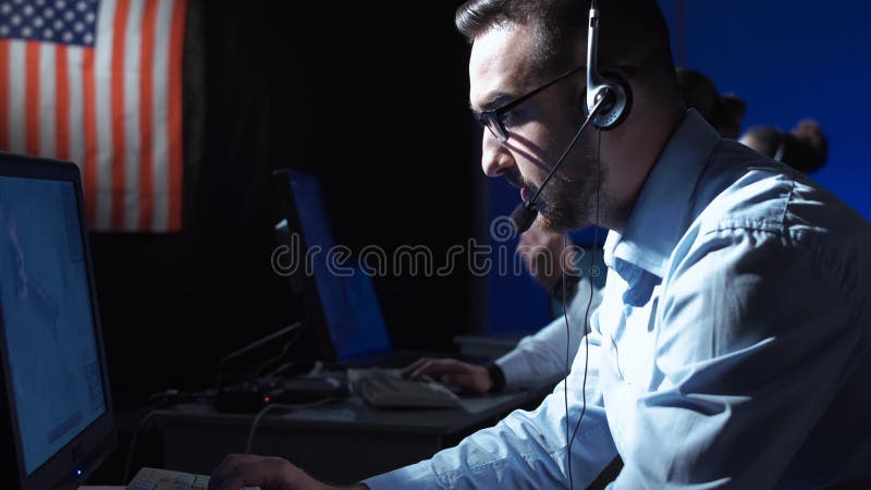 Man Working at Laptop in Space Center Stock Image - Image of engineer ...