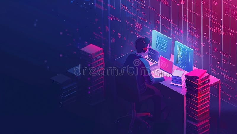 Man Working on Laptop with Stack of Documents and Data Center in Dark ... Man Working on Laptop with Stack of Documents and Data Center in Dark ...