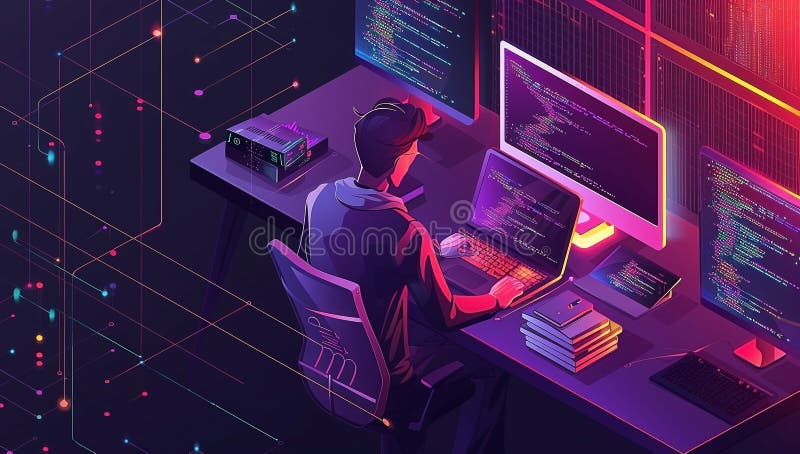 Man Working on Laptop with Stack of Documents and Data Center in Dark ... Man Working on Laptop with Stack of Documents and Data Center in Dark ...