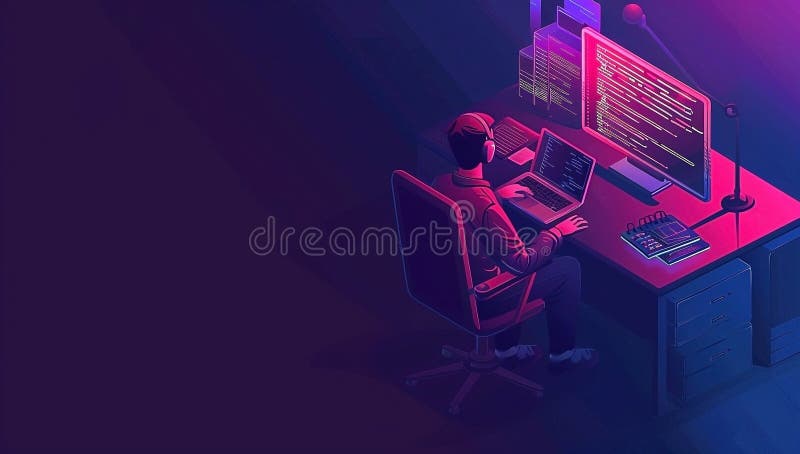 Man Working on Laptop with Stack of Documents and Data Center in Dark ... Man Working on Laptop with Stack of Documents and Data Center in Dark ...