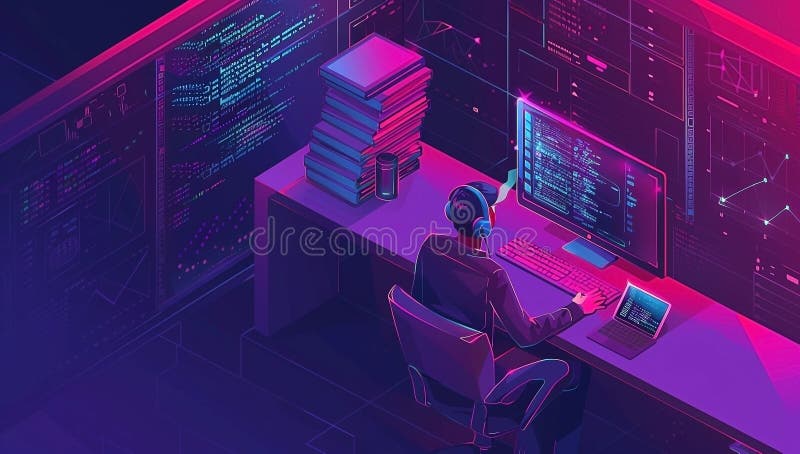 Man Working on Laptop with Stack of Documents and Data Center in Dark ... Man Working on Laptop with Stack of Documents and Data Center in Dark ...