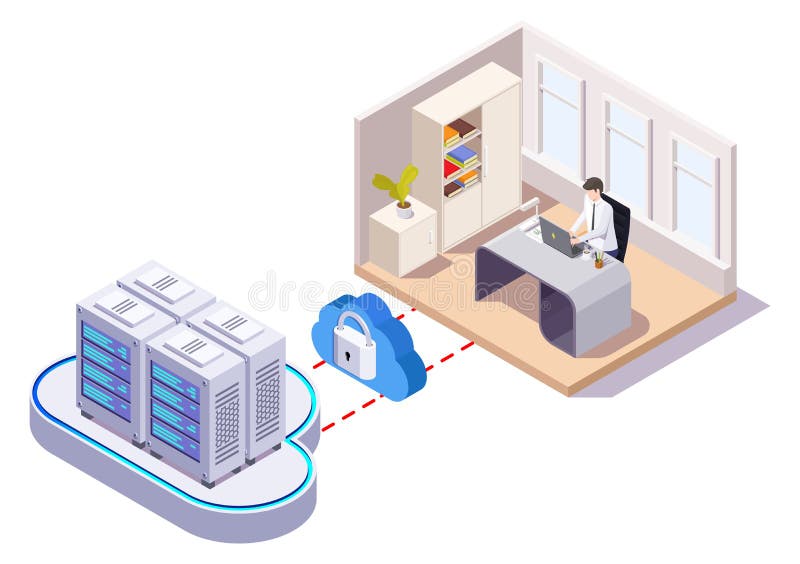 Man Working on Laptop Using Cloud System, Vector Isometric Illustration. Data Storage, Cloud ...