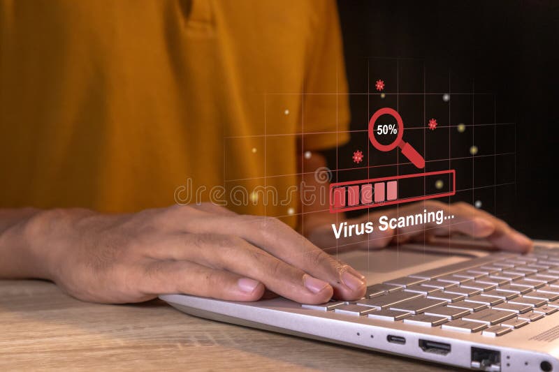 Man Working on Laptop with Virtual Screen of Virus Scanning Process ...