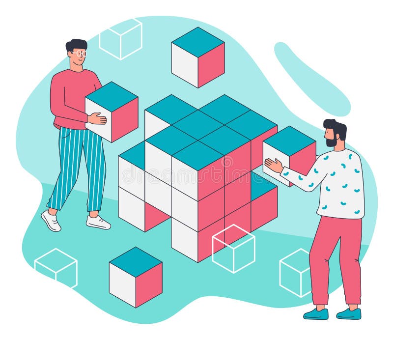 Man Working with Large Amounts of Data, Cubes. Flat Design Illustration ...