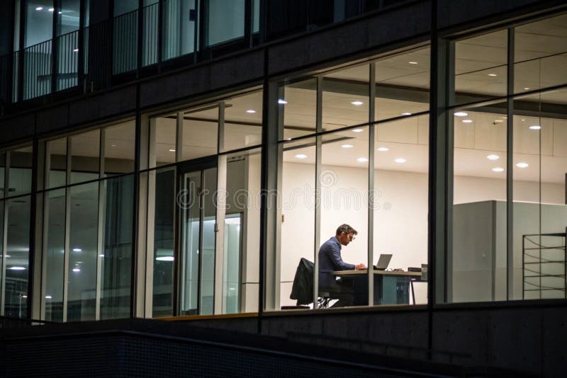 Man Working Late Night in Empty Building Stock Illustration ...
