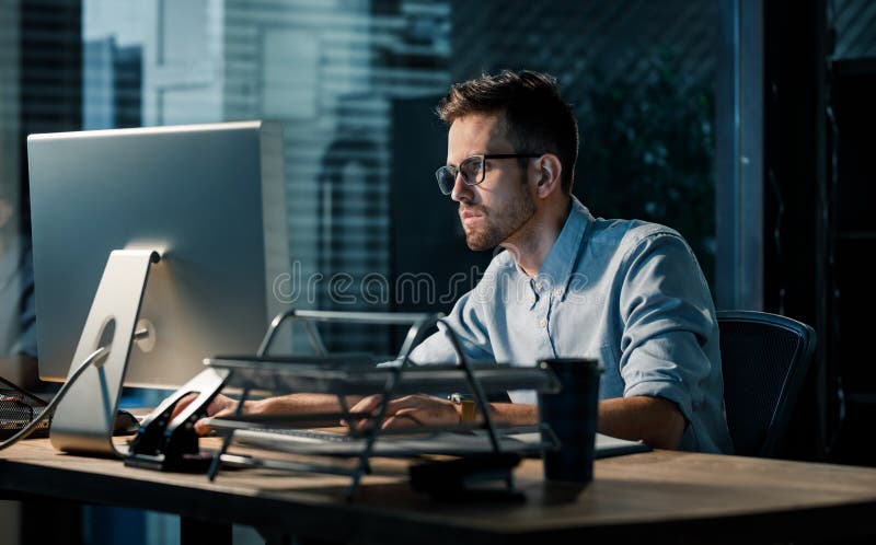 Man Working Late at Night in Office Stock Photo - Image of executive ...