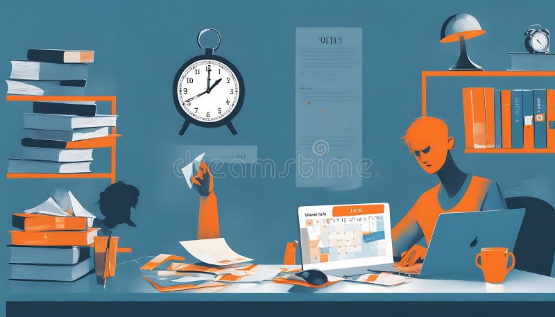 Man Working Late in Office Surrounded by Books and Documents Stock ...