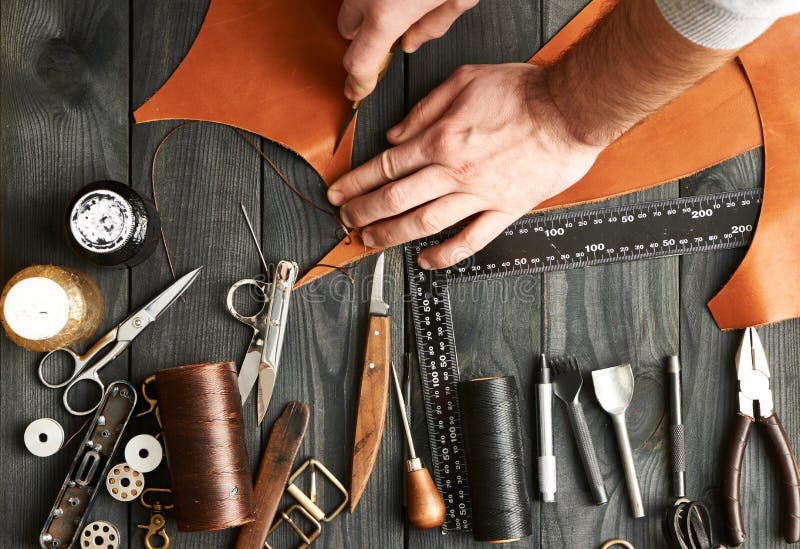 Man working with leather stock image. Image of equipment - 66525621