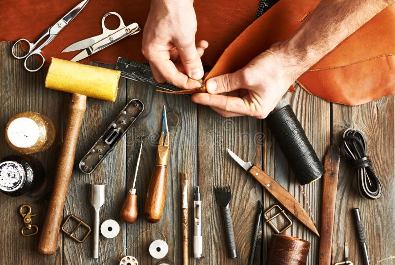 Man working with leather stock image. Image of hand, rustic - 66887085