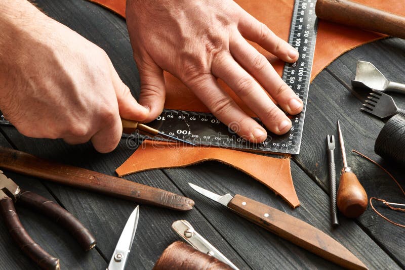 Man Working Leather Using Crafting Tools Stock Photos - Free & Royalty ...