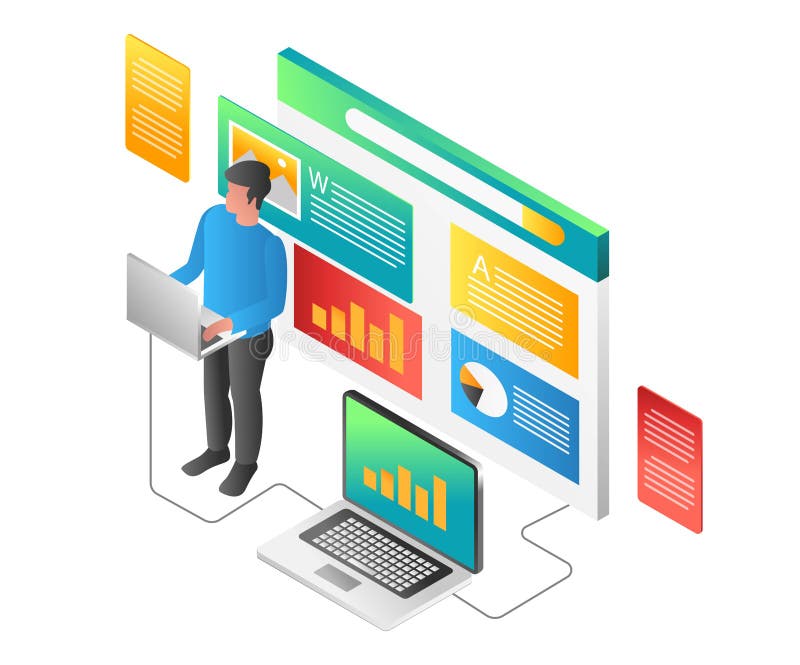 Man is Working on a Lot of Desktop Analysis Stock Illustration ...