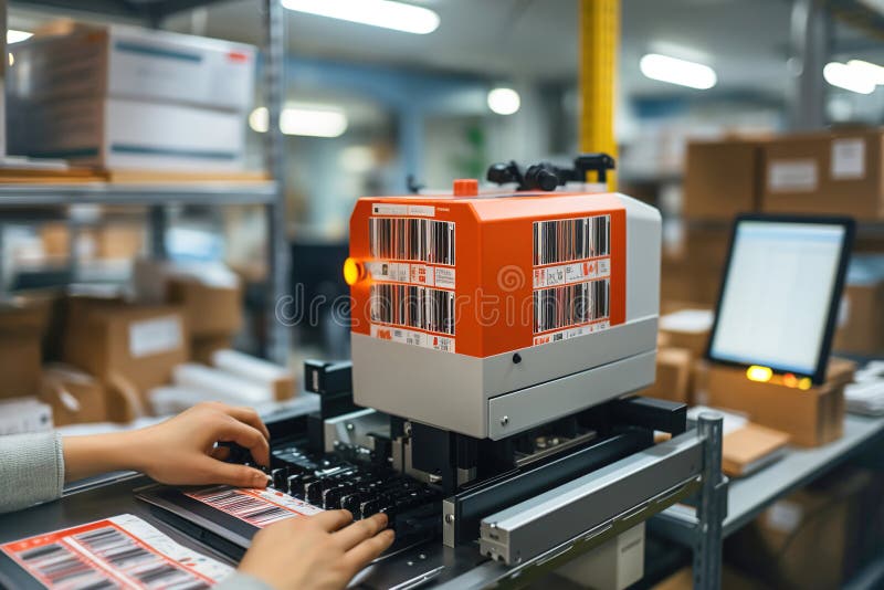 A Man Working on a Machine for Printing Labels and Barcode on Boxes in ...