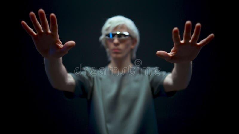 Man Working Metaverse in Virtual Reality World. Male Touching Invisible ...