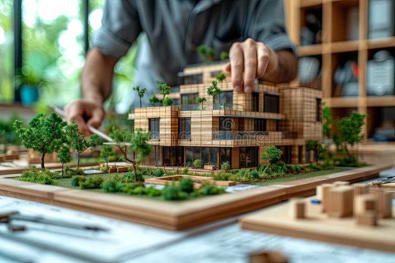 Man is Working on a Model of a House at Office Stock Illustration ...