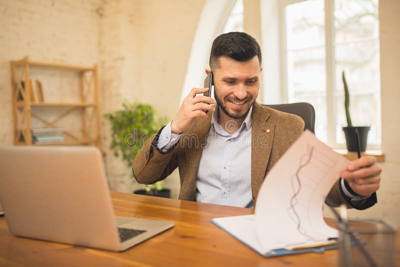 Man Working in Modern Office Using Devices and Gadgets during Creative ...