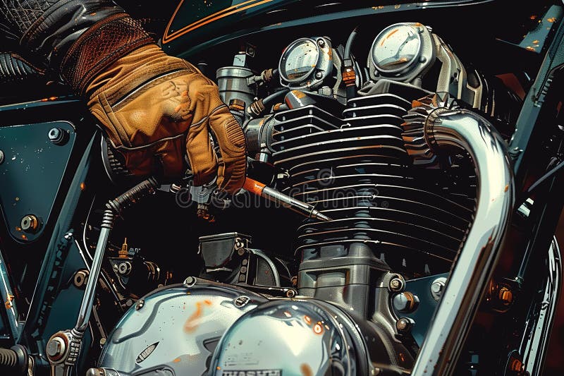 A Man is Working on a Motorcycle Engine Stock Illustration ...