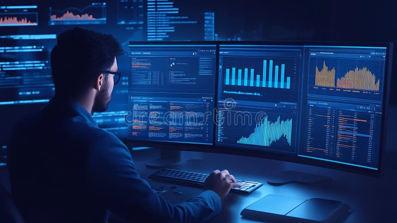 Man Working on Data Analysis Cybersecurity Coding Software Development with Multiple Computer ...