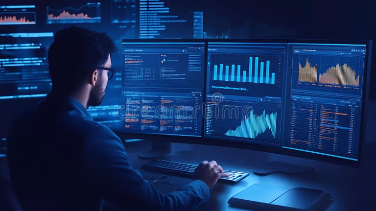 Man Working on Data Analysis Cybersecurity Coding Software Development with Multiple Computer ...