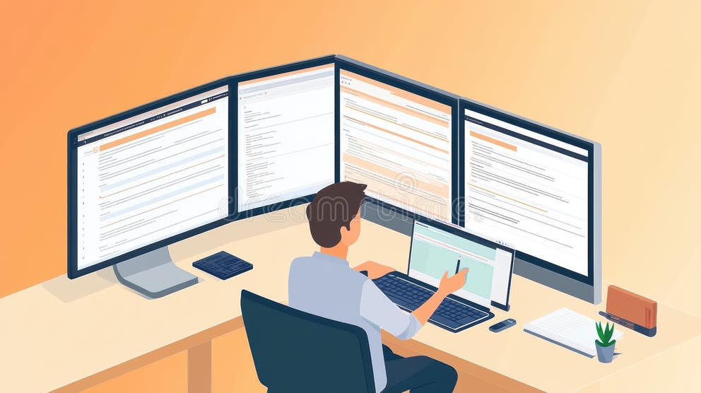 Programmer at Work with Multiple Monitors Stock Illustration ...