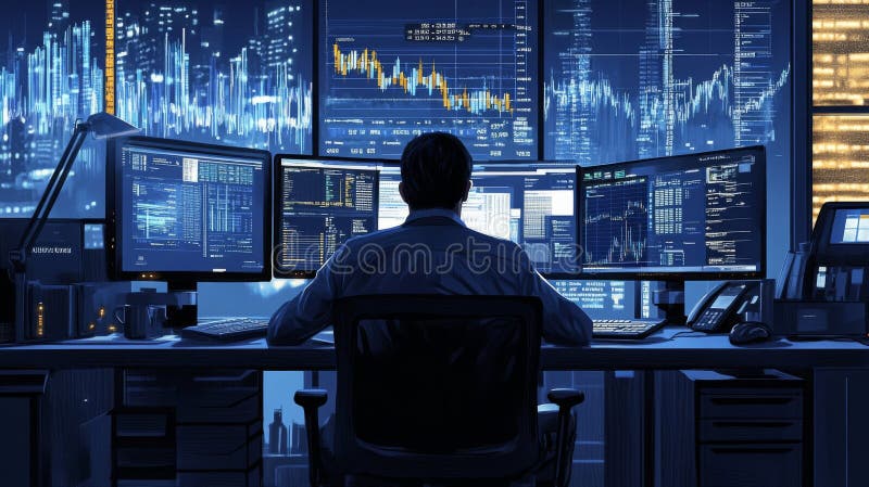 Man Working at Night in Front of Multiple Screens Showing City Skyline ...