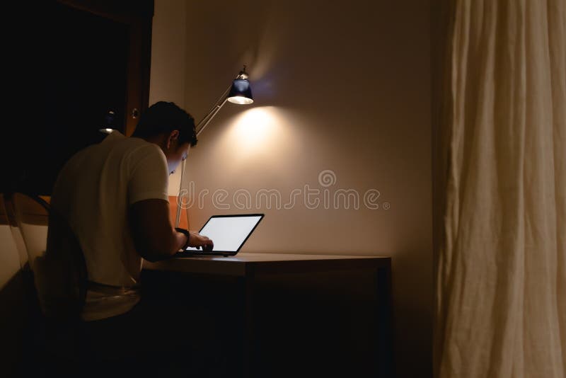 Man is Working at Night with Warm Light Lamp. Concept of Work Late ...