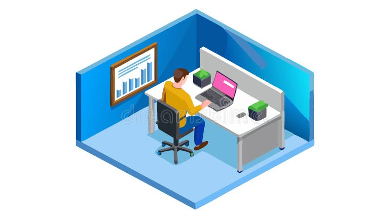 Isometric Office Desk with Man Working on Computer â€ Vector ...